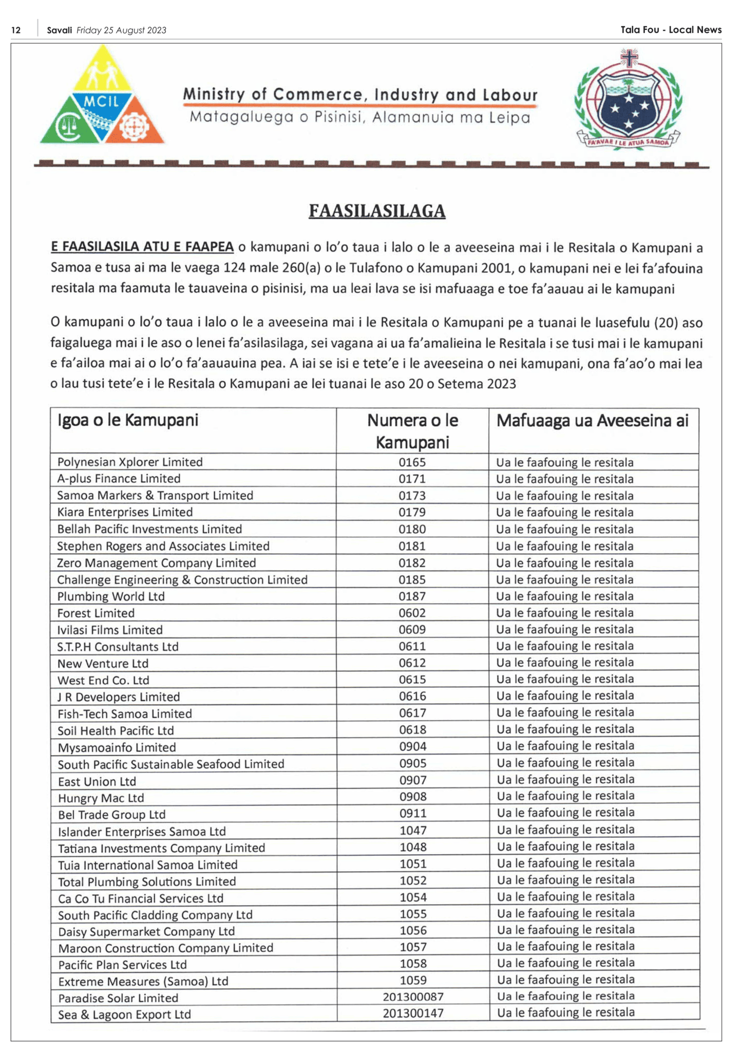 SAMOA | 67 Kamupanī tuma’oti; 26 Sosaiete e ono ave’eseina resitala ...